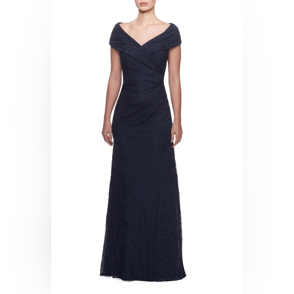 La Femme | Dresses | La Femme Navy Blue Portrait Neck Lace Gown Size 2 ...